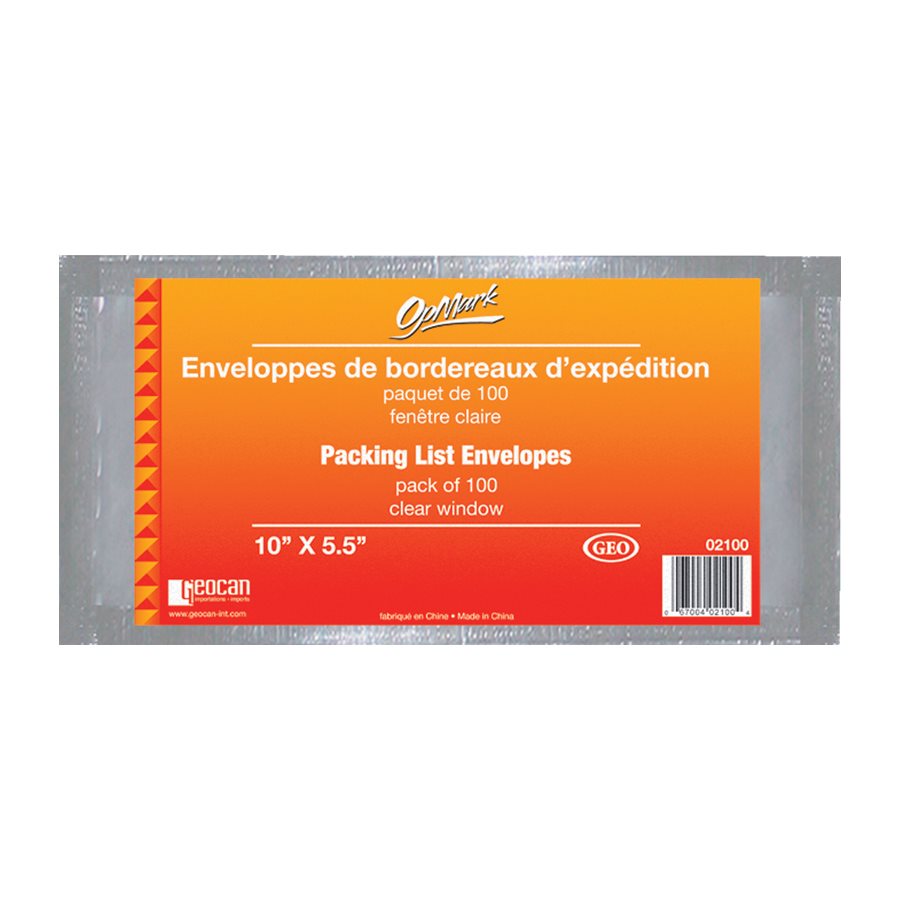 Packing Slip Envelope Clear window, 10 x 5-1 / 2". pkg 100